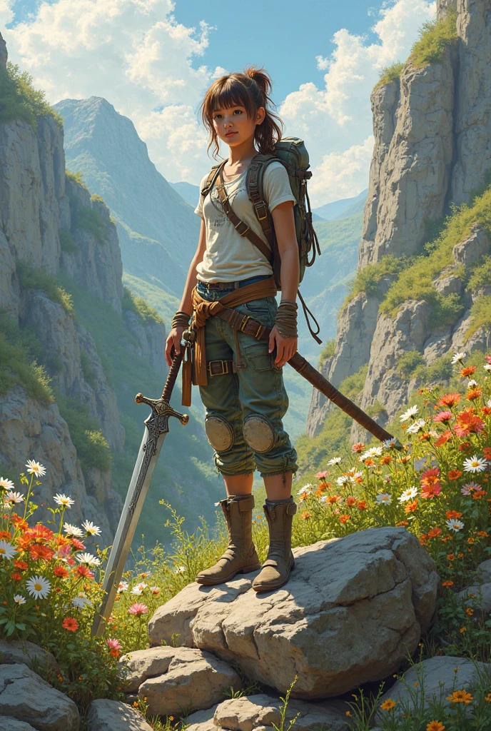 Generate realistic image of an adventurous girl surrounded by flowers ...