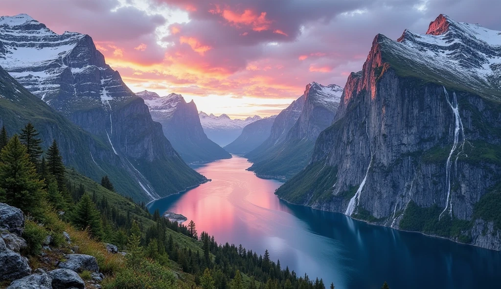 Spectacular Norwegian landscape with majestic fjords surrounded by snow ...