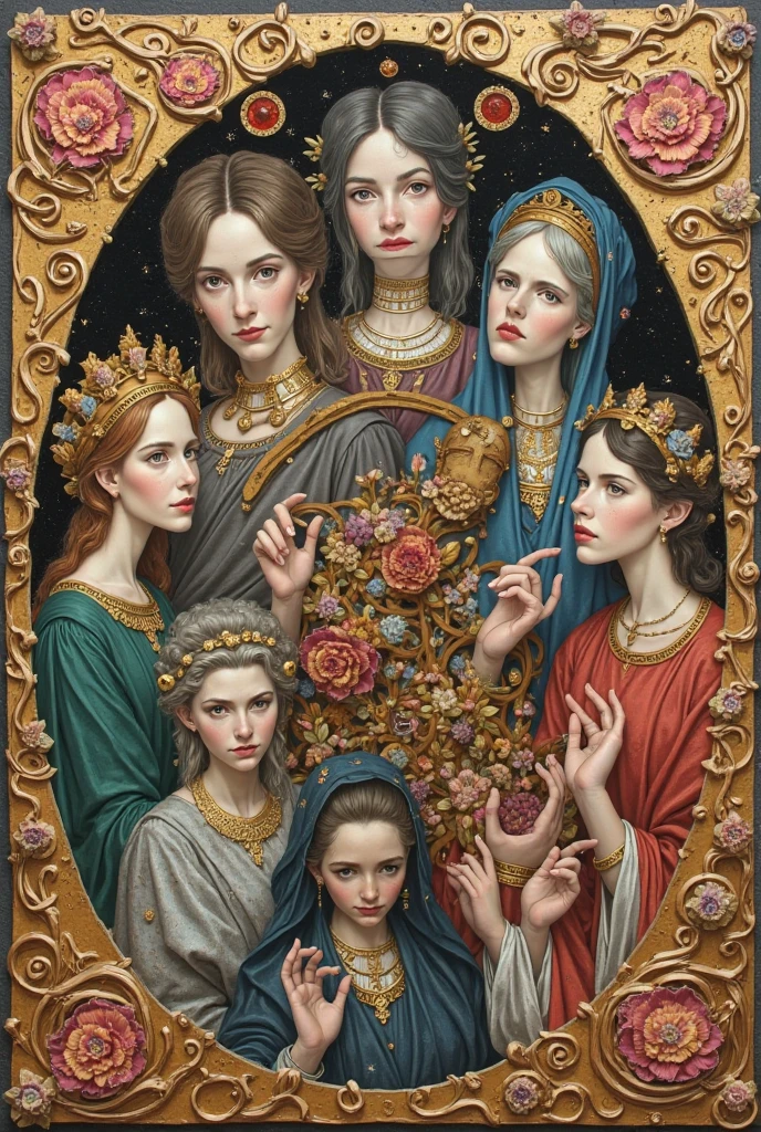 Collage of Moiras, representing a board game. That it has things that ...