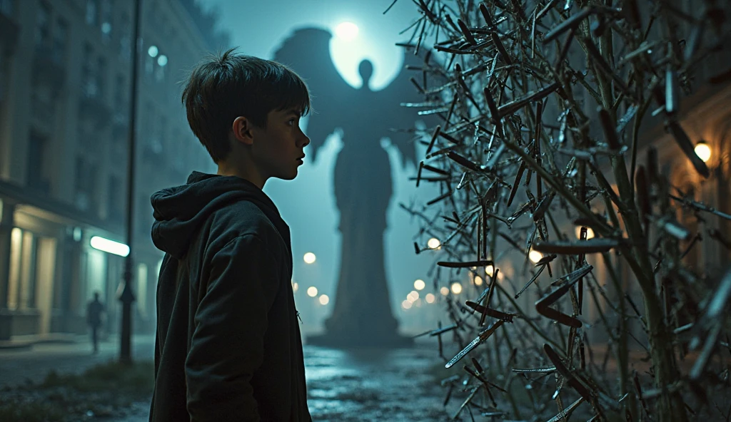 A young teenager staring at the Knife Angel with reflection of knives ...