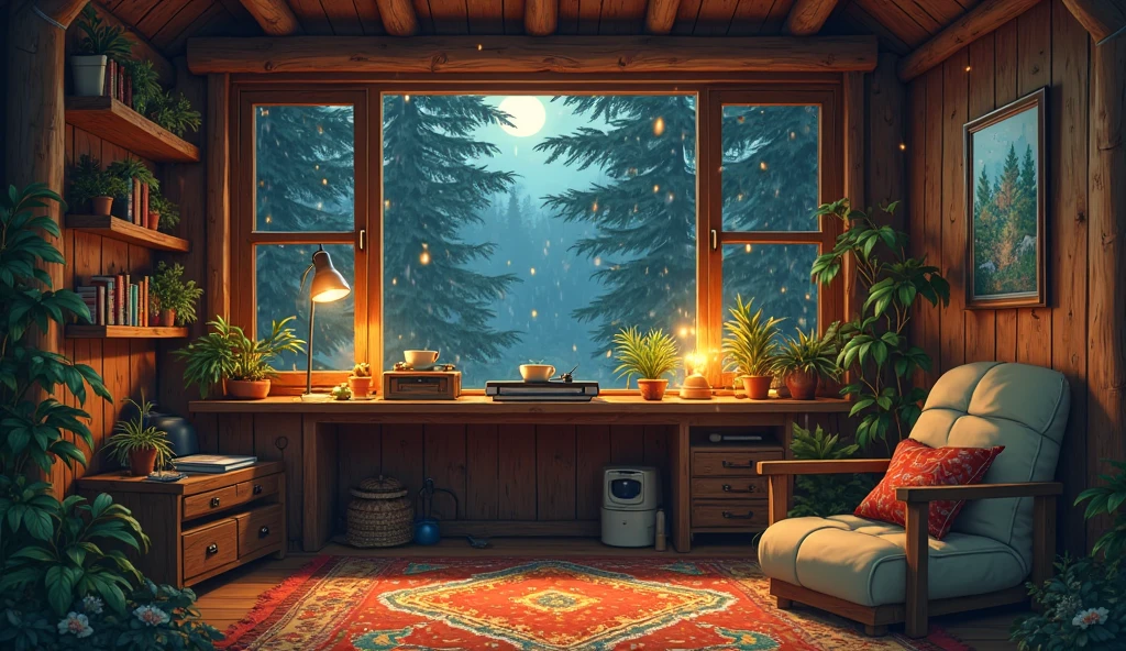 Ultra-detailed anime-style cozy wooden cabin nestled deep in a quiet ...
