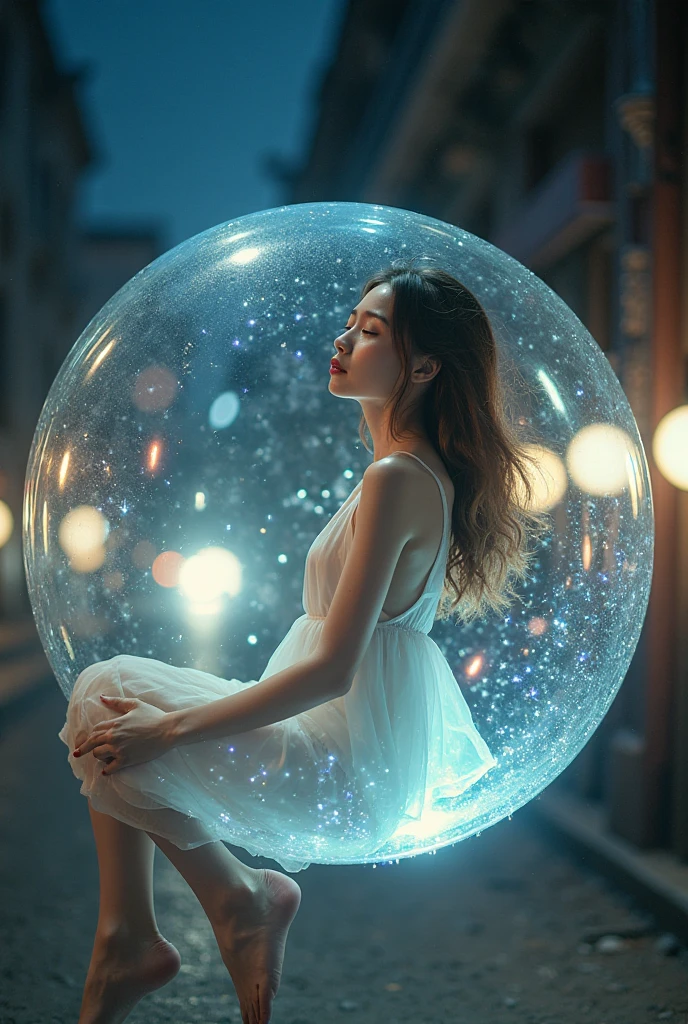 Artistic photograph of a serene young woman floating inside a perfectly ...