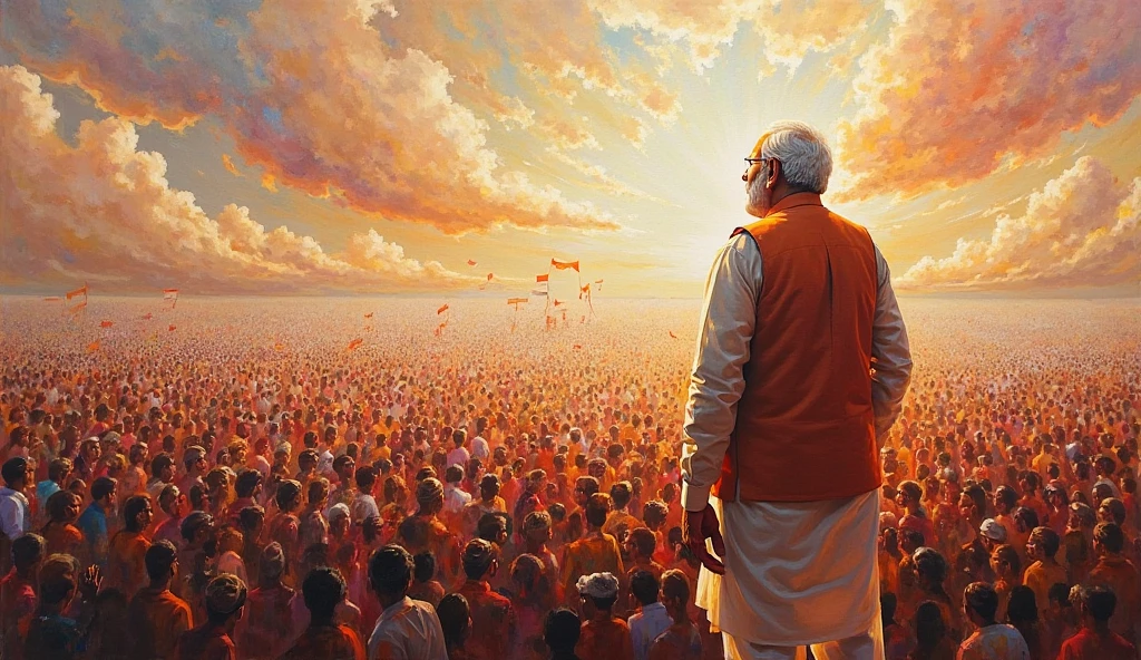 A powerful artistic painting of Modi speaking to a sea of people ...