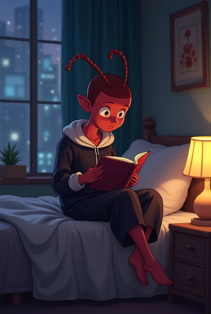 Create an anime Art of an ant boy with red skin color wearing a black ...