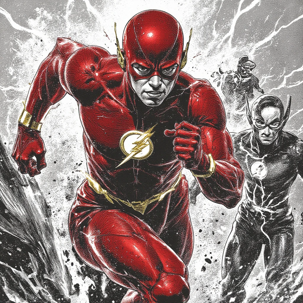 The Flash running with streaks of lightning, dramatic ink drawing style ...