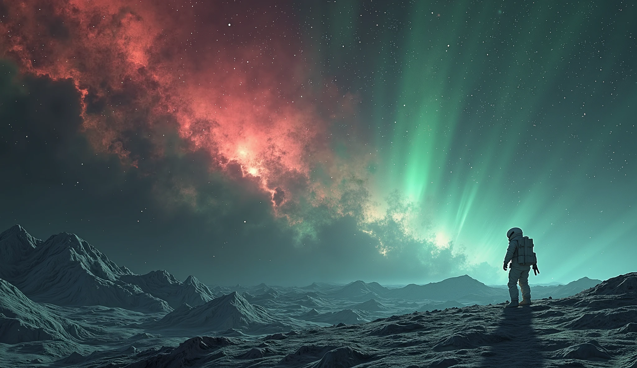 A vast interstellar nebula stretches across the sky, with atronaut ...