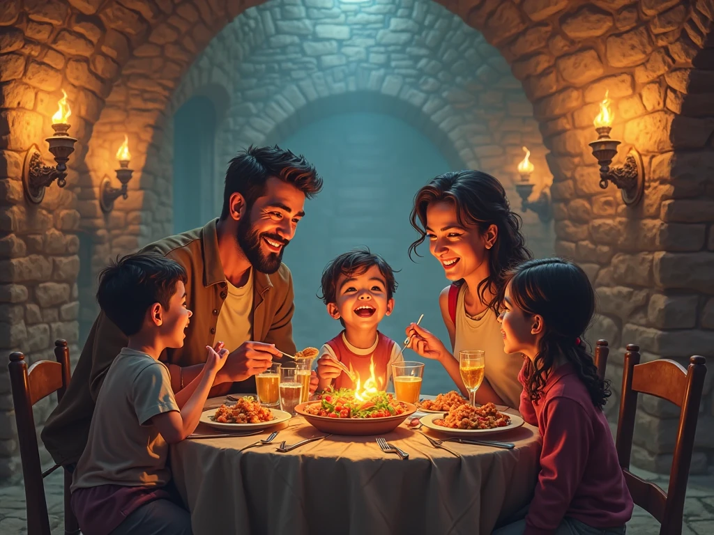 Image: Happy family eating dungeon , active people. - SeaArt AI