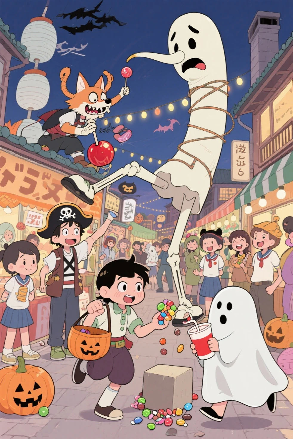 A whimsical and humorous anime-style illustration of a bustling ...
