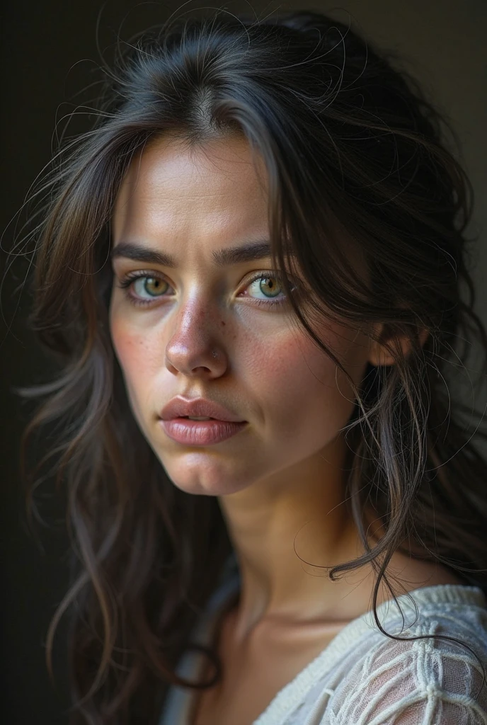 A young woman beginning to age, with a few strands of gray hair visible ...