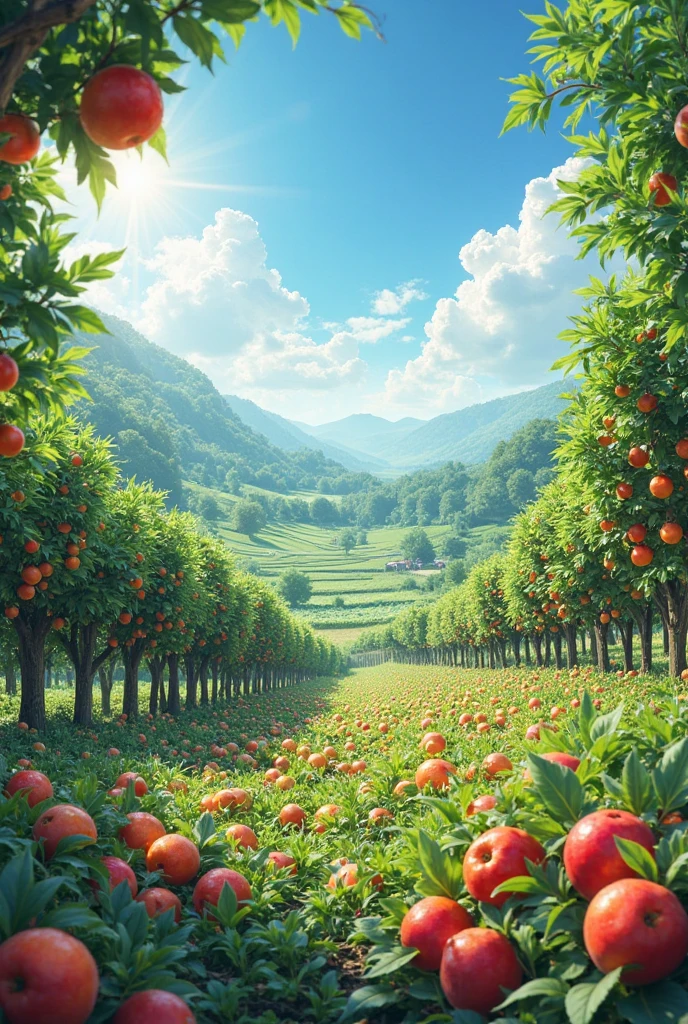 Hyper realistic image of a field, with fruit crops, trees, where the ...