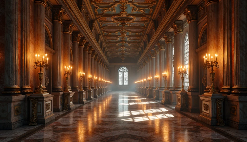 Candlelit palace corridor with marble columns and painted ceilings ...