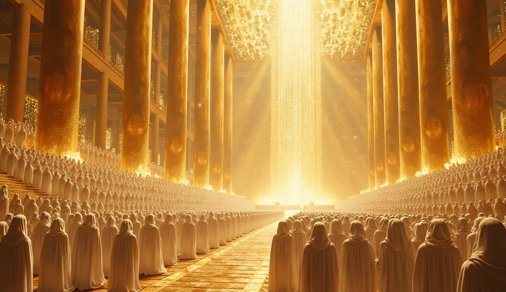 A grand heavenly hall filled with countless figures in flowing white ...