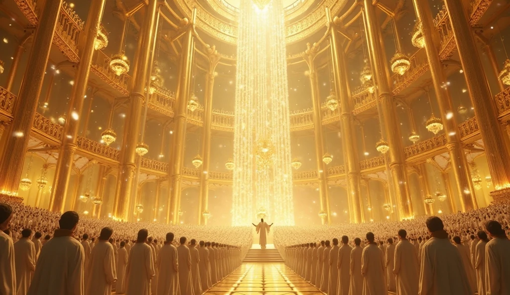 A grand heavenly hall filled with countless figures in flowing white ...
