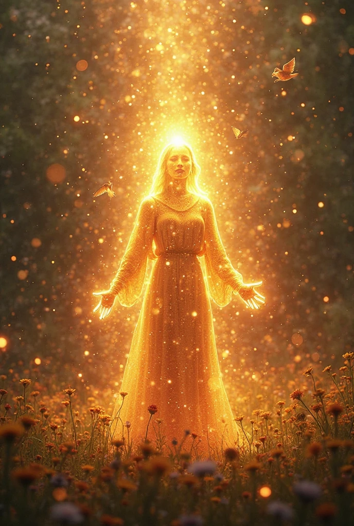 Create a radiant figure glowing with warmth, sunlight breaking through ...