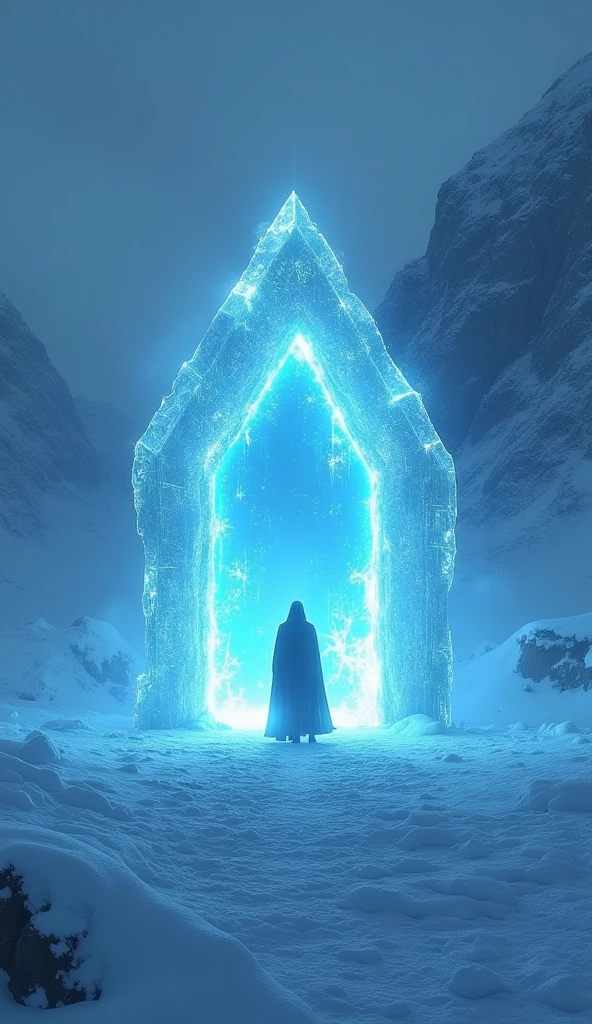 A glowing ice portal in the middle of a vast frozen landscape with ...