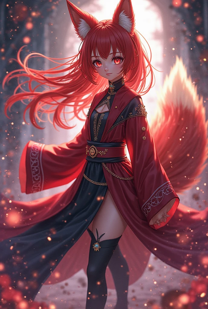 A magical young Kitsune-Mimi with long vibrant red hair floating in the ...