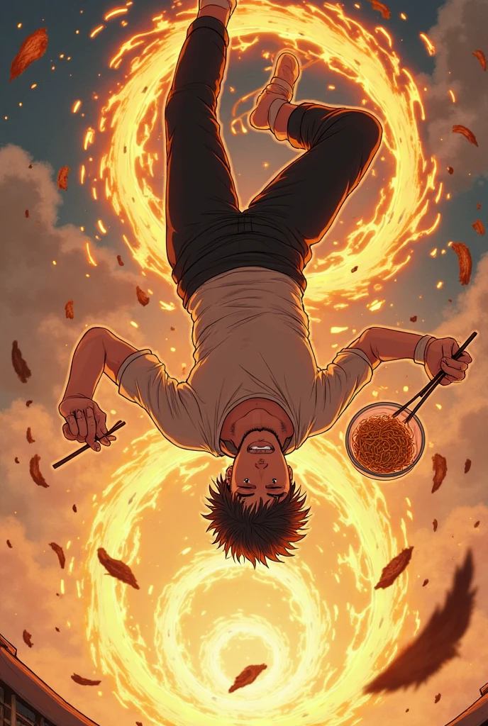 "Dynamic anime-style illustration of a young man floating in mid ...