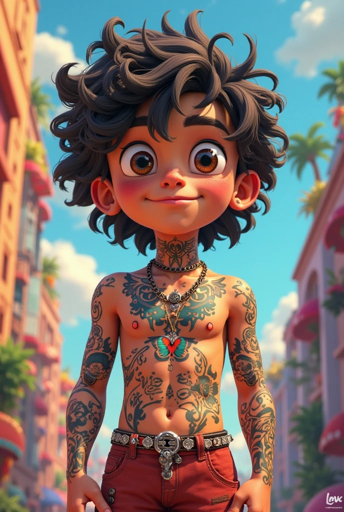 A boy with polo-free tattoos with curly rapper-style hair, animated ...