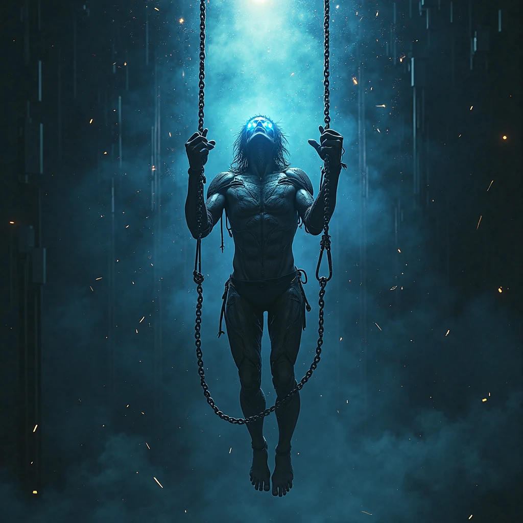 A futuristic cyborg human hanging from glowing cables, slowly awakening ...