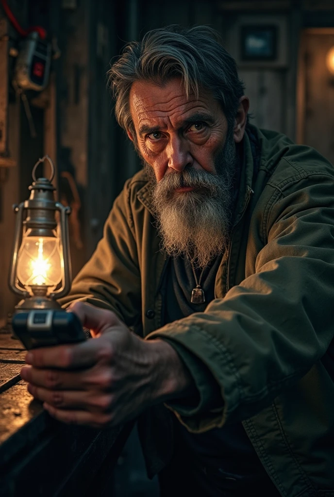 Close-up of a pirate holding a satellite phone inside a dark cabin ...