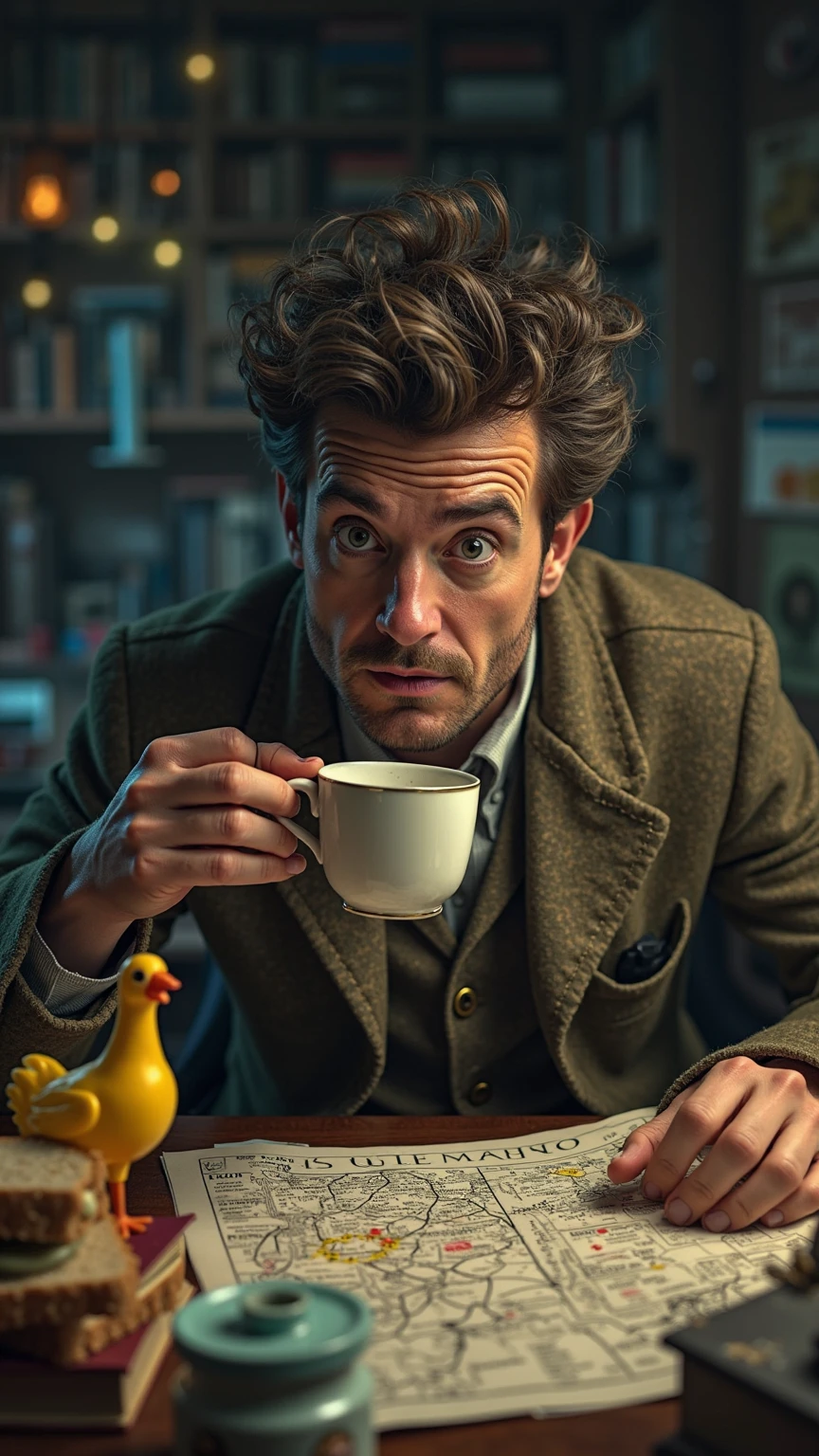 A whimsical detective, disheveled and eccentric, with a mischievous ...
