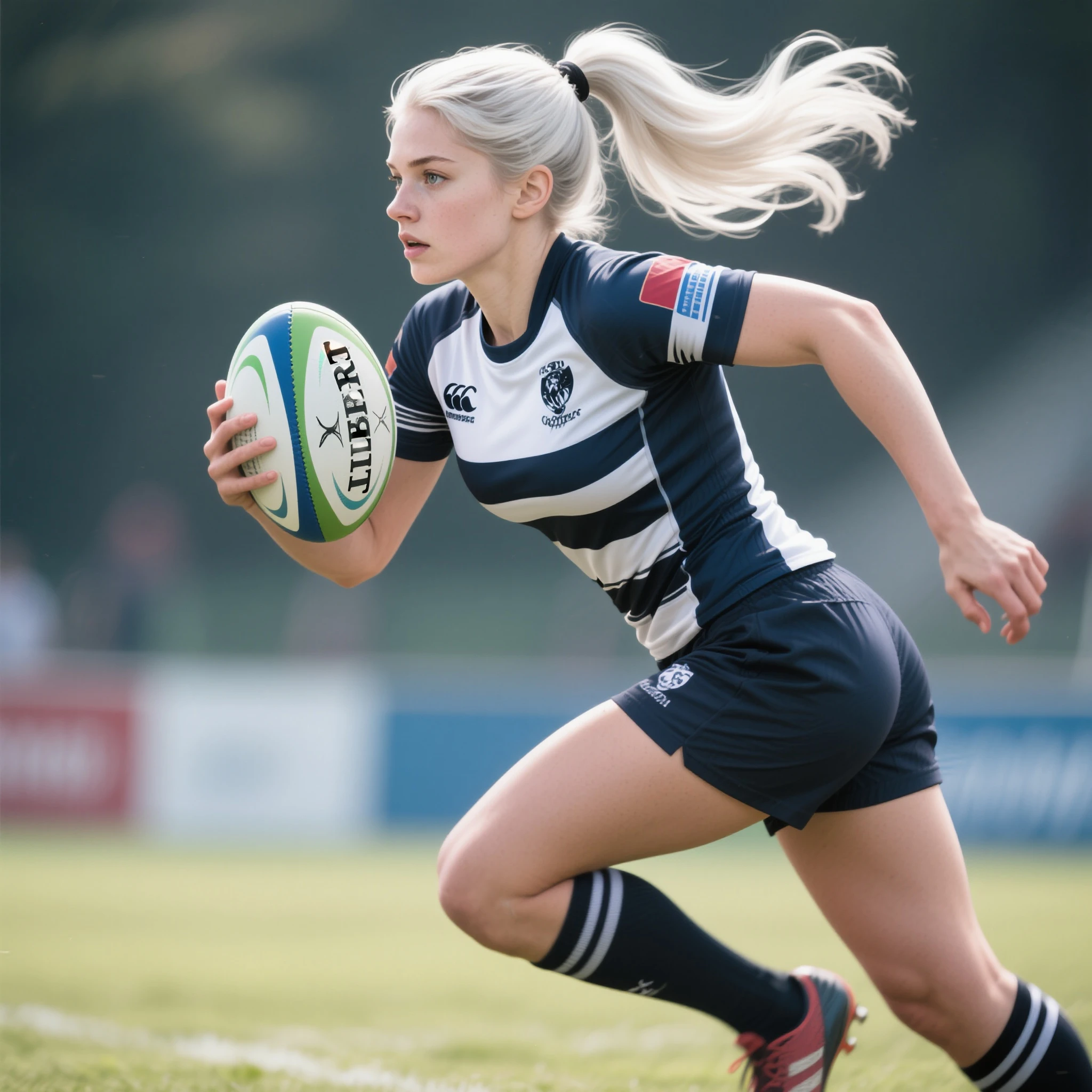 Photorealistic, sports action shot, feminine rugby player charging ...