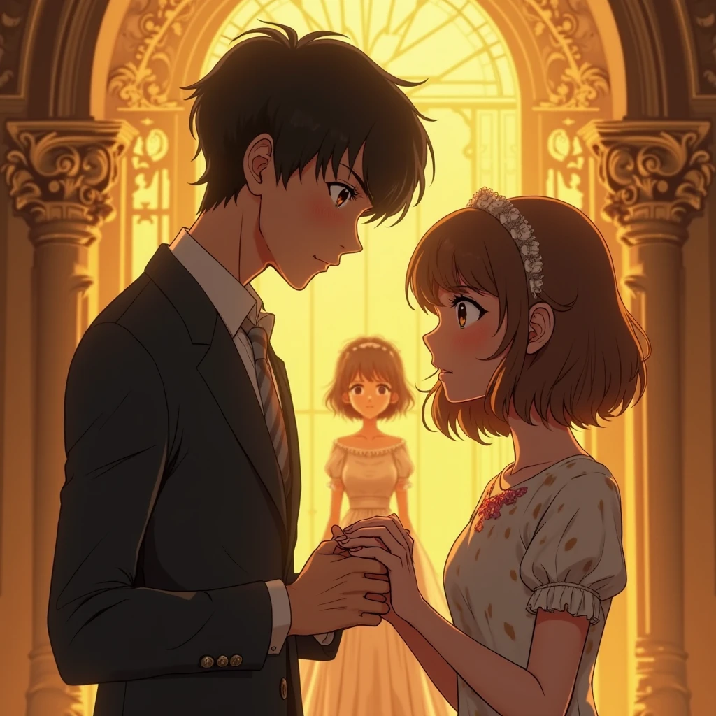 "Anime-style illustration of a dramatic love triangle scene set indoors ...