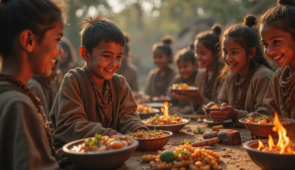 The boy shares food with village children for the first time - SeaArt AI
