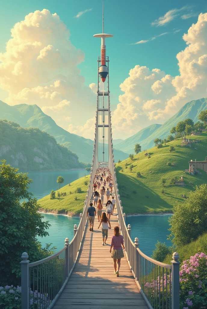 High quality, 8K Ultra HD, a syringe bridge with people crossing from ...