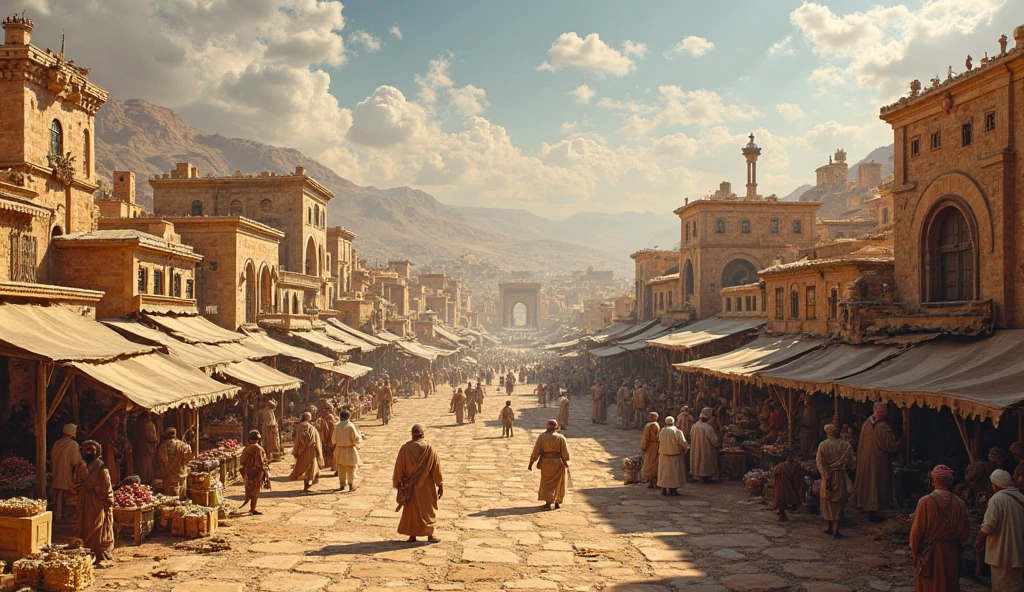 Panoramic view of the prosperous Kingdom of Israel, markets full of ...