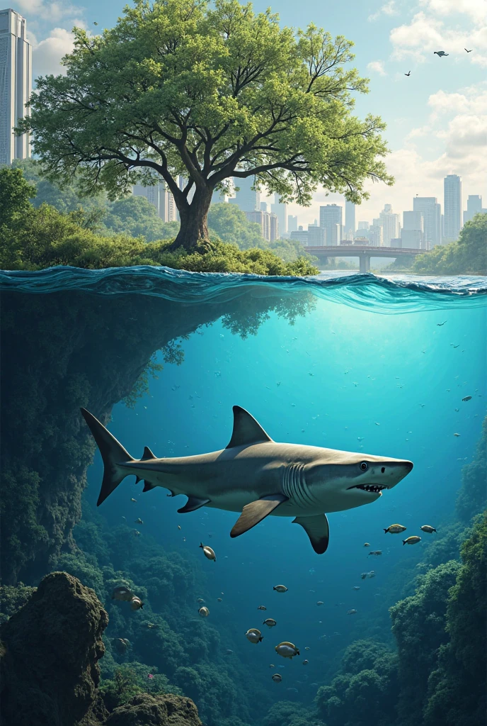 Modern-day tree in a park dissolves into ocean scene with a shark ...