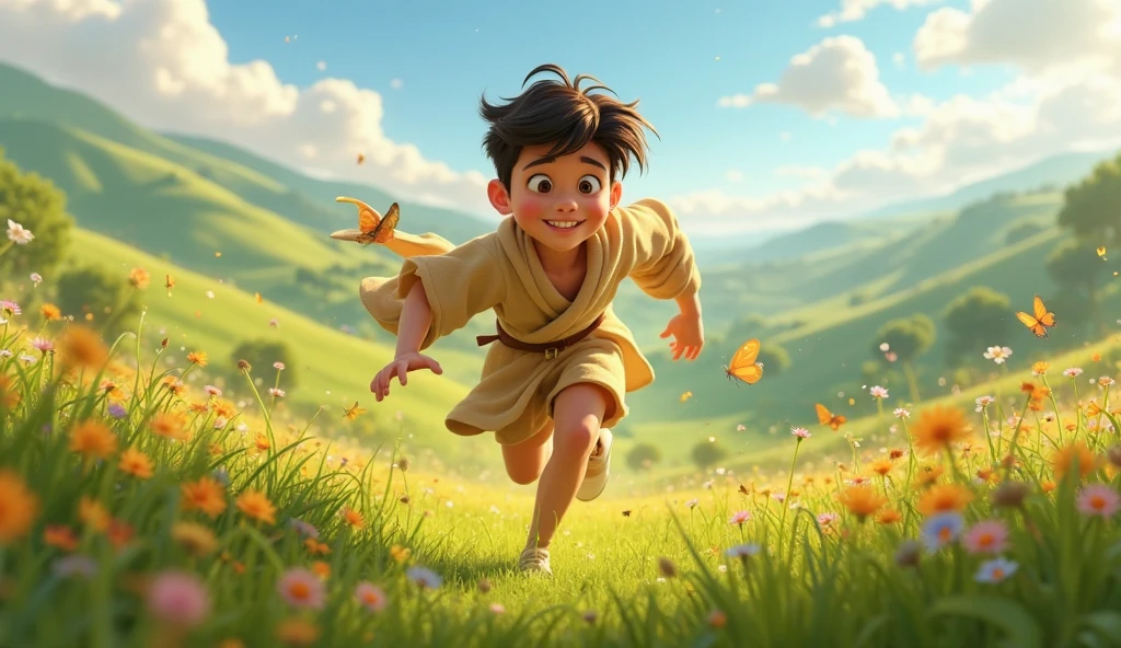 AN IMAGE OF A YOUNG MAN RUNNING IN THE FIELD, PIXAR-STYLE BEIGE TUNIC ...
