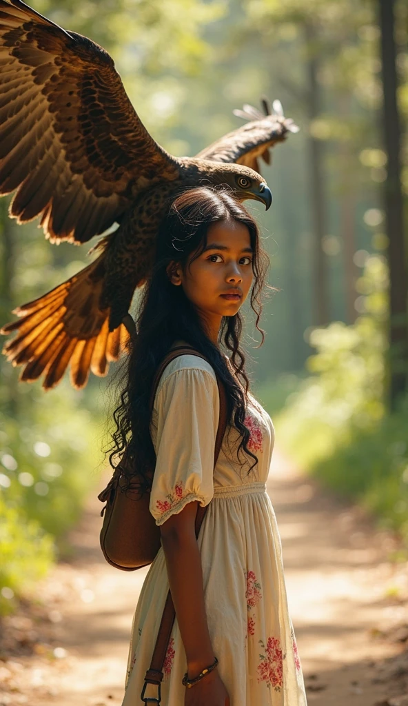 A 14-year-old Indian girl with long, wavy black hair, fair wheatish ...