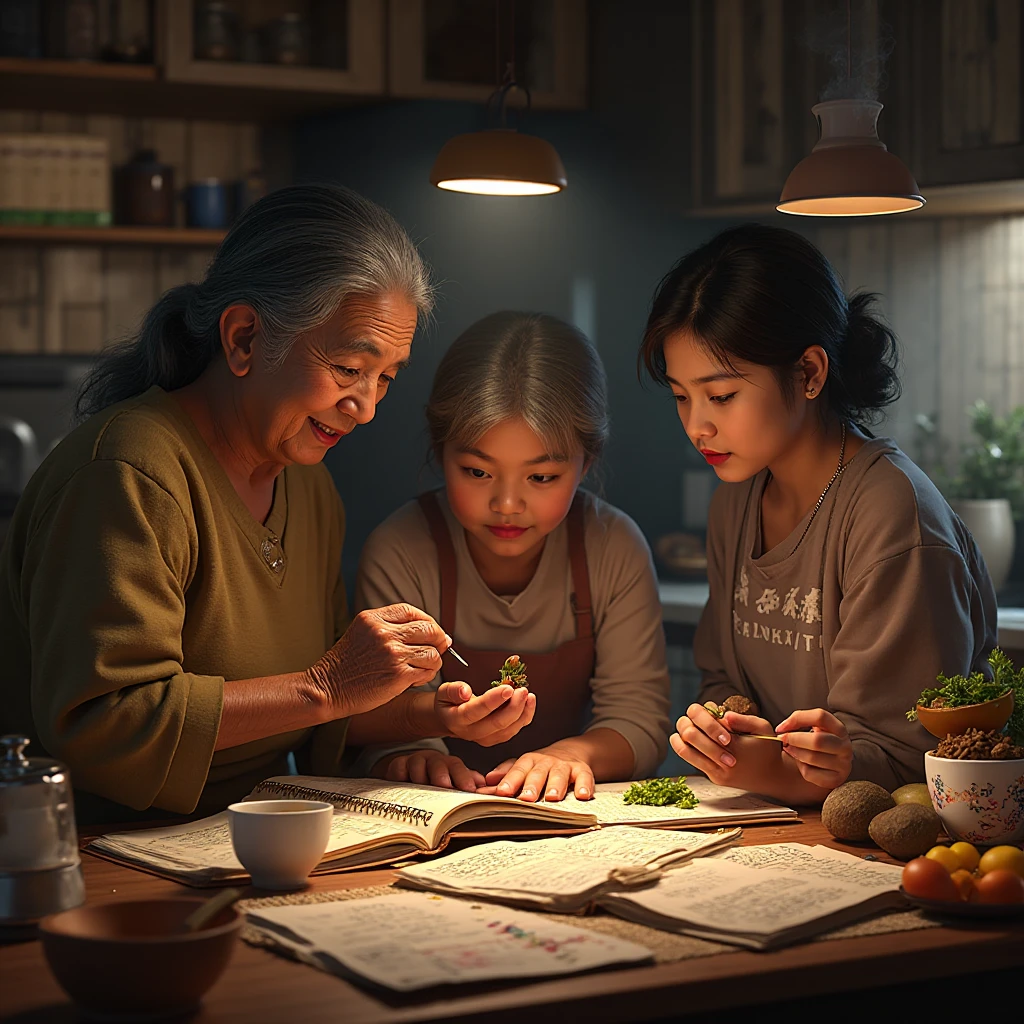Storytelling portrait: multi-generational cooking lesson, grandmother ...