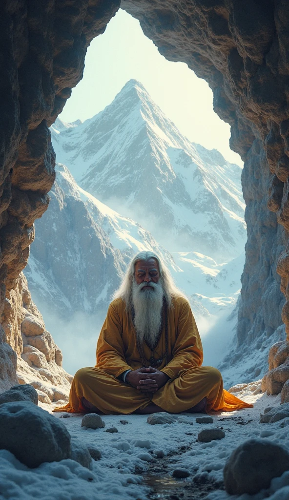 "An ancient Indian sage sitting in deep meditation inside a Himalayan ...