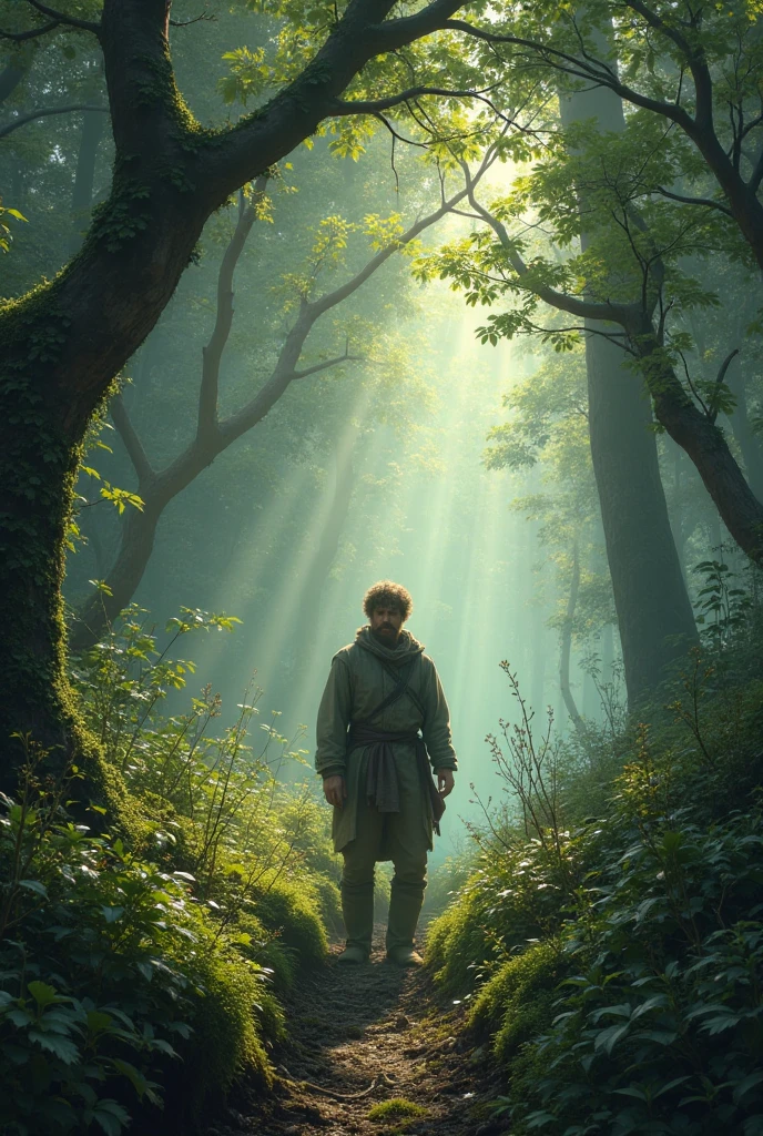 In the Middle Ages, an adult man finds himself in a forest collecting ...