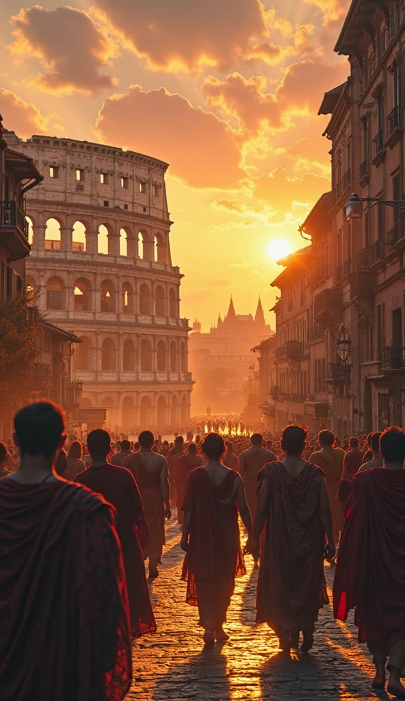 A cinematic view of Ancient Rome at sunset, the Colosseum glowing in ...