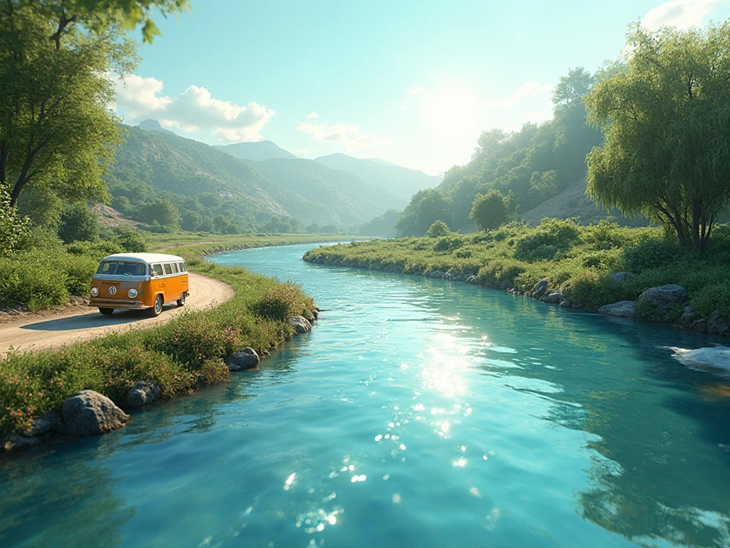 3d ultra realistic Scenic riverside view – Van passing near sparkling ...