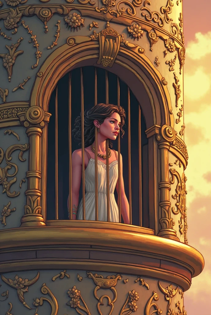 Make a picture of danae locked inside of a bronze tower from the story ...