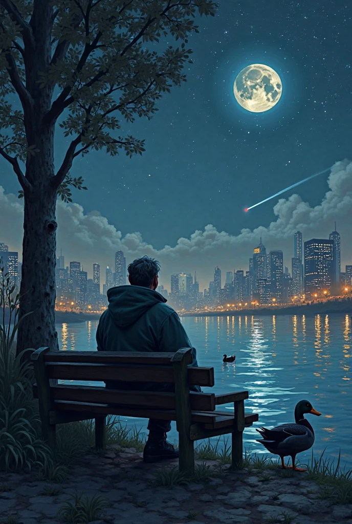 A man at night sitting on a wooden bench watching ducks as they swim in ...