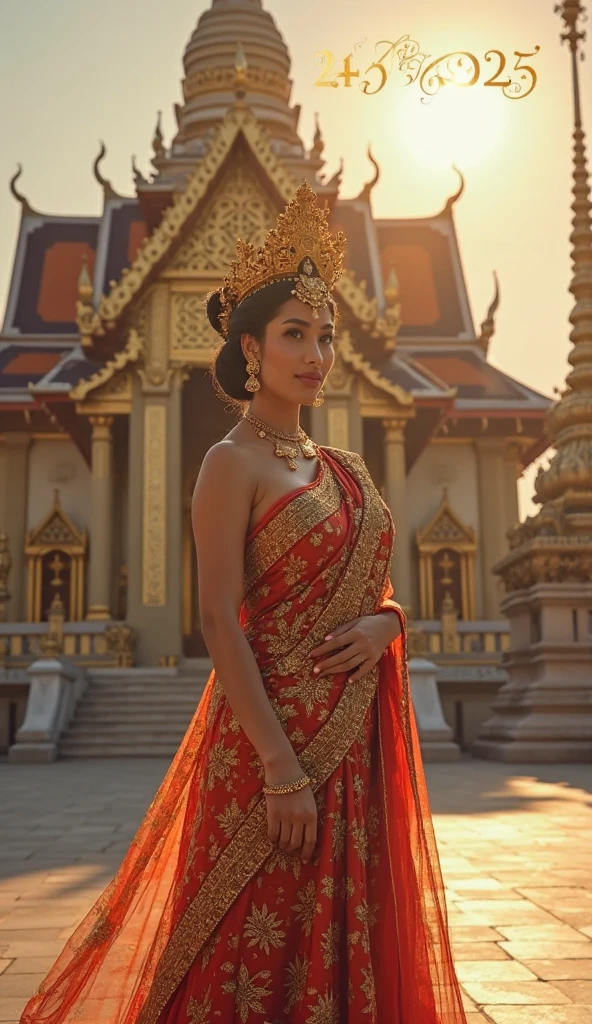 A majestic Myanmar Queen standing gracefully in front of a grand ...