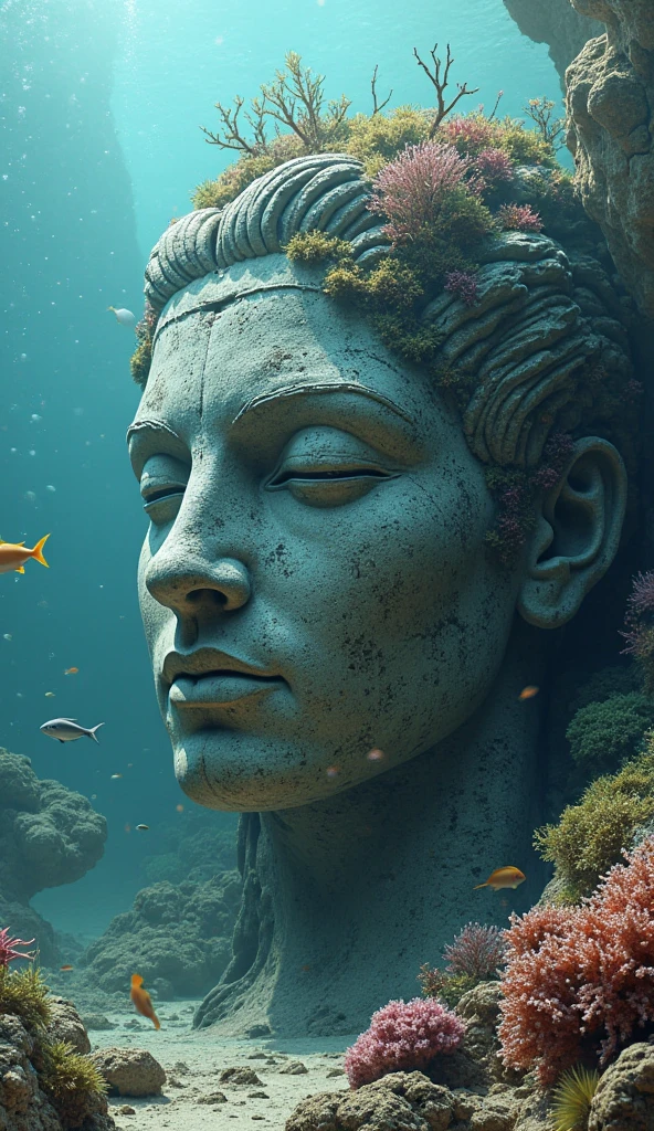 Huge stone statue head lying broken on the seabed, covered with seaweed ...