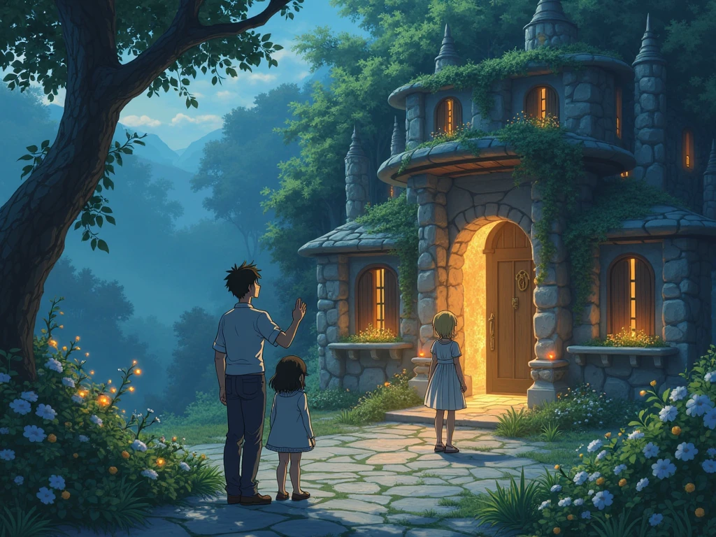 "Wide cinematic anime scene, three siblings shown only as distant ...