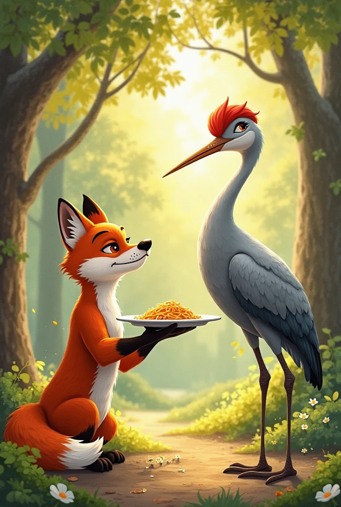 A sly fox smirking, offering a flat plate of soup to an elegant grey ...