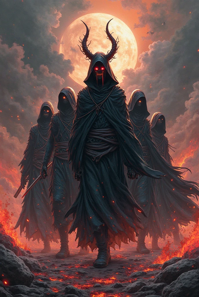 Make 5 powerful shadow ninja in hell anime style the leader is crying ...