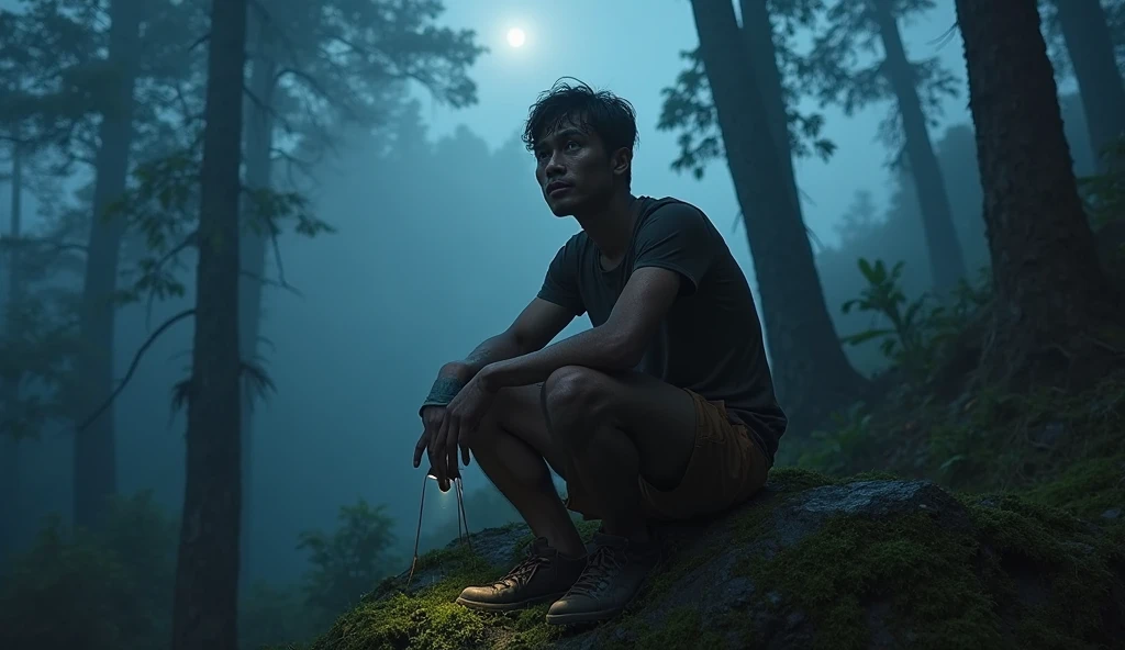 Close-up cinematic shot of a Filipino male mountaineer in his late 30s ...