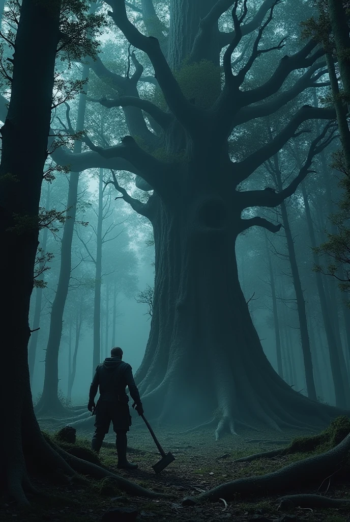 A dark forest at night, a man with an axe standing near a huge old tree ...