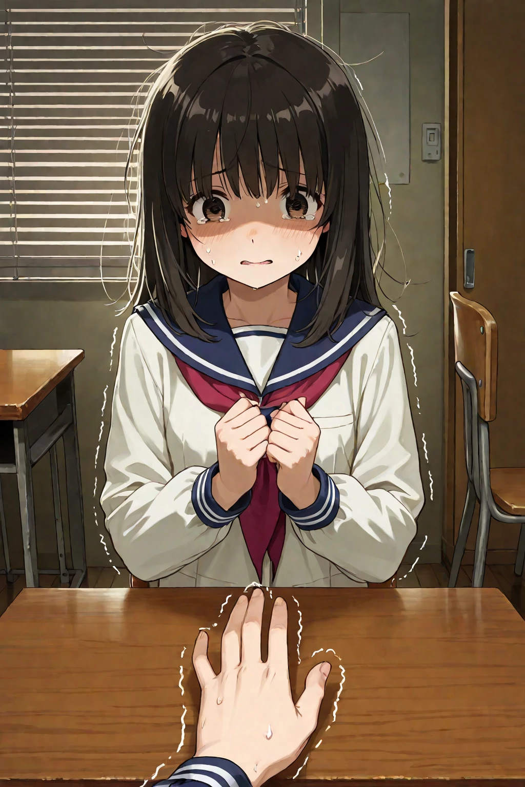 1 shy schoolgirl, nervous expression, long disheveled dark hair - SeaArt AI