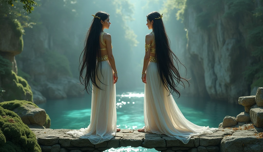 Elven twins with flowing black hair, golden jewelry, standing on stone ...