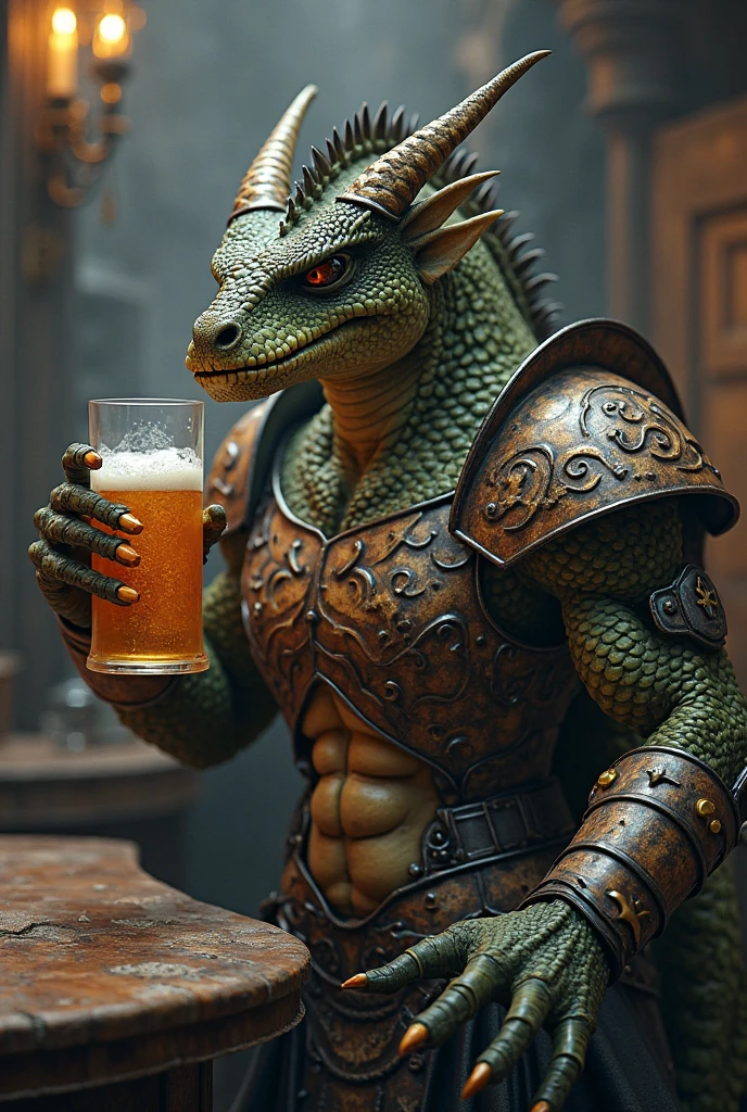 One night humanoid dragon dragon with a full glass of beer and he ...